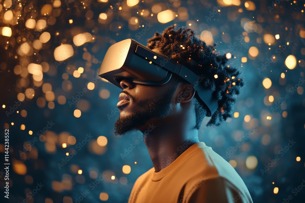 Man experiences virtual reality in a vibrant setting filled with ...