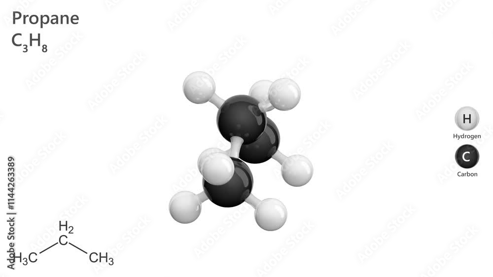 Propane. Fuel gas. Animated 3D model of a molecule. Molecular formula: C3H8. Chemical model ...