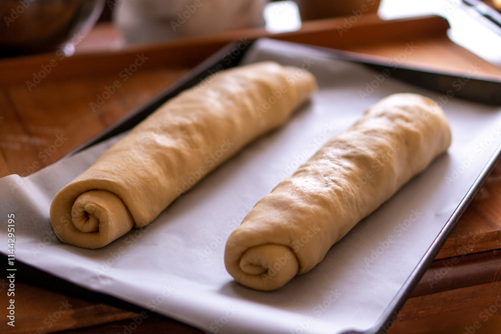 the process of making homemade pastries, dough, pie, stollen with ...