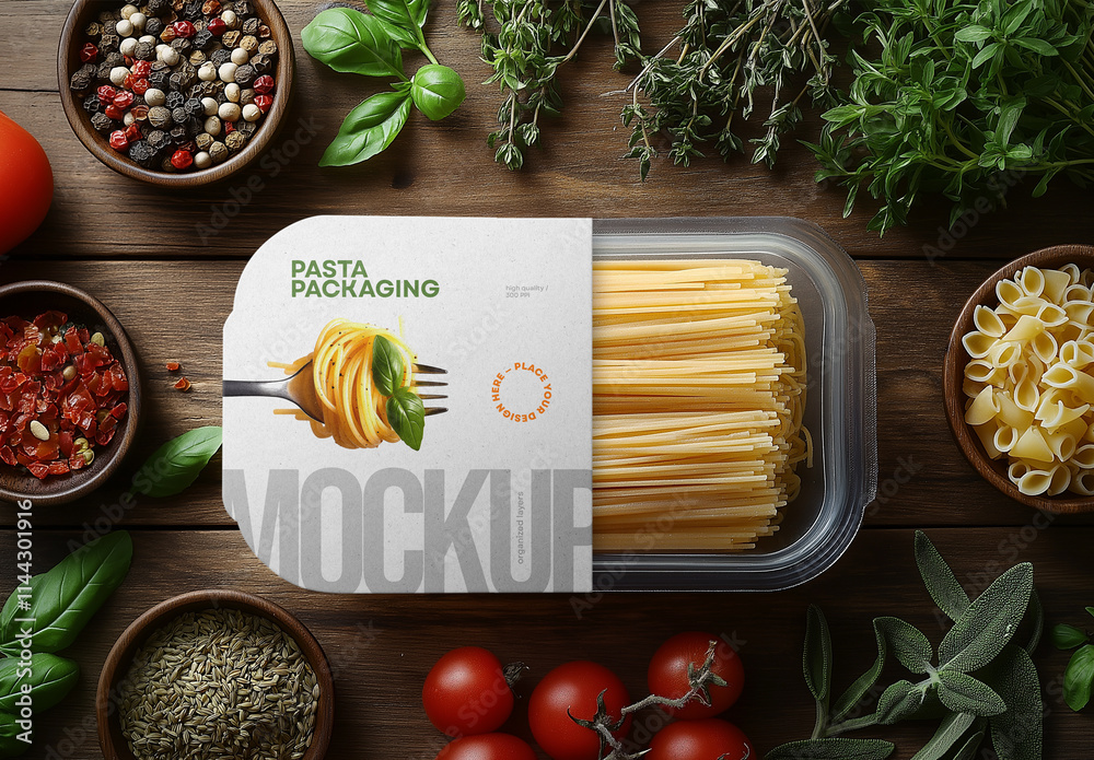 Pasta Packaging Mockup – Transparent Food Tray on Wooden Kitchen Table ...