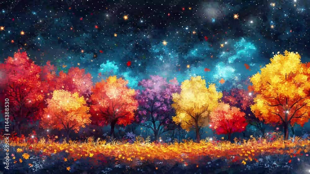 Colorful autumn trees stand silhouetted against a glittering starry sky ...