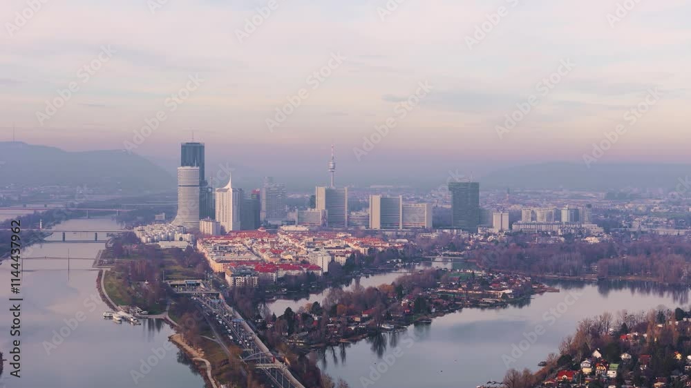 Cinematic Aerial View of Vienna: Danube River, Iconic Bridges, and ...