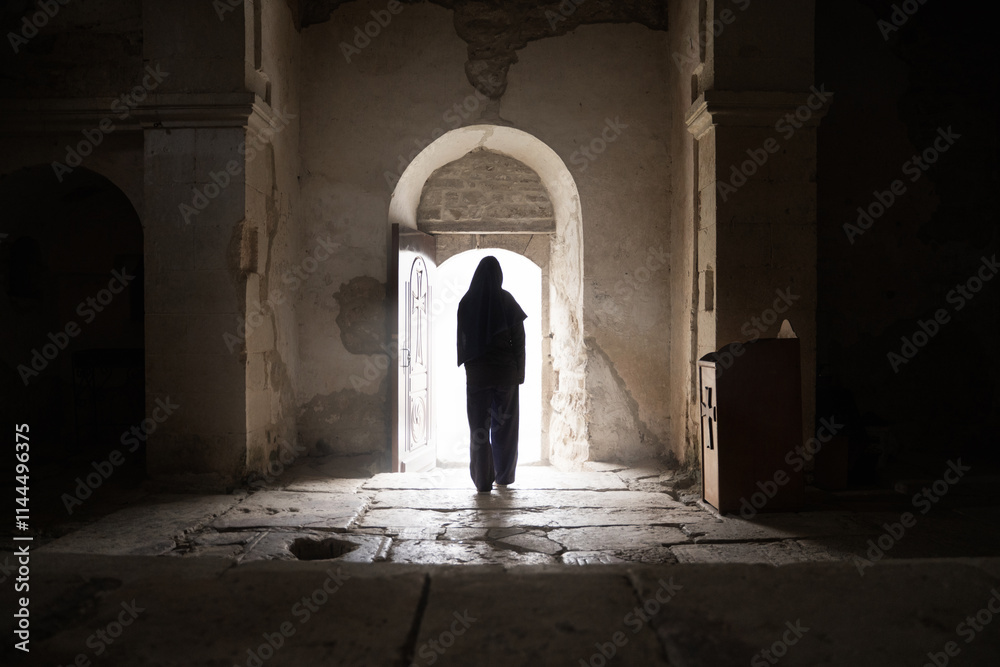 Silhouette of woman on the threshold of an ancient monastery. Black ...