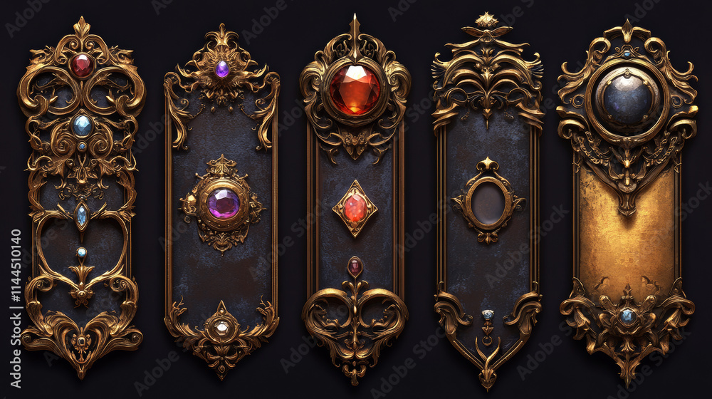 Cartoon set of square golden game rank frames isolated on background ...