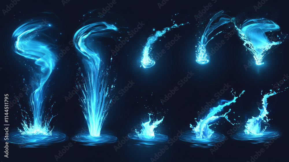 Cartoon sprite sheet of water tornado animation set on dark background ...