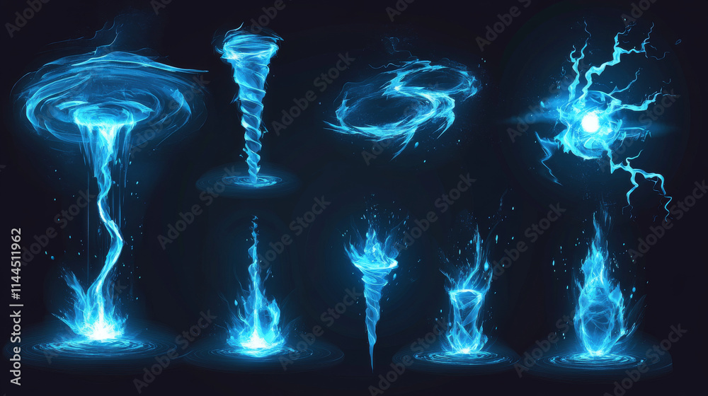 Cartoon sprite sheet of water tornado animation set on dark background ...