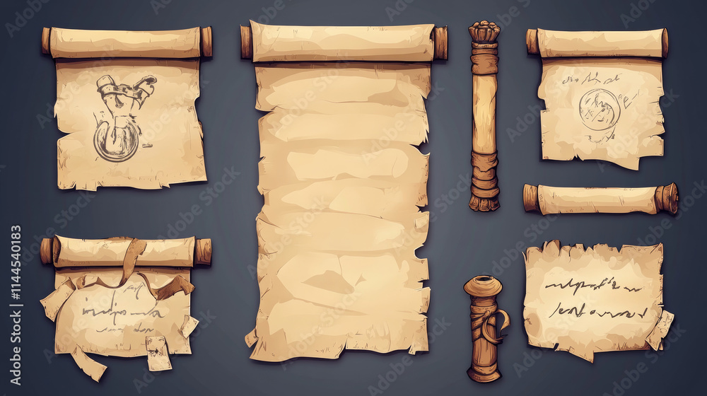 Ancient parchment scroll and paper page with text, ribbon and stamp ...