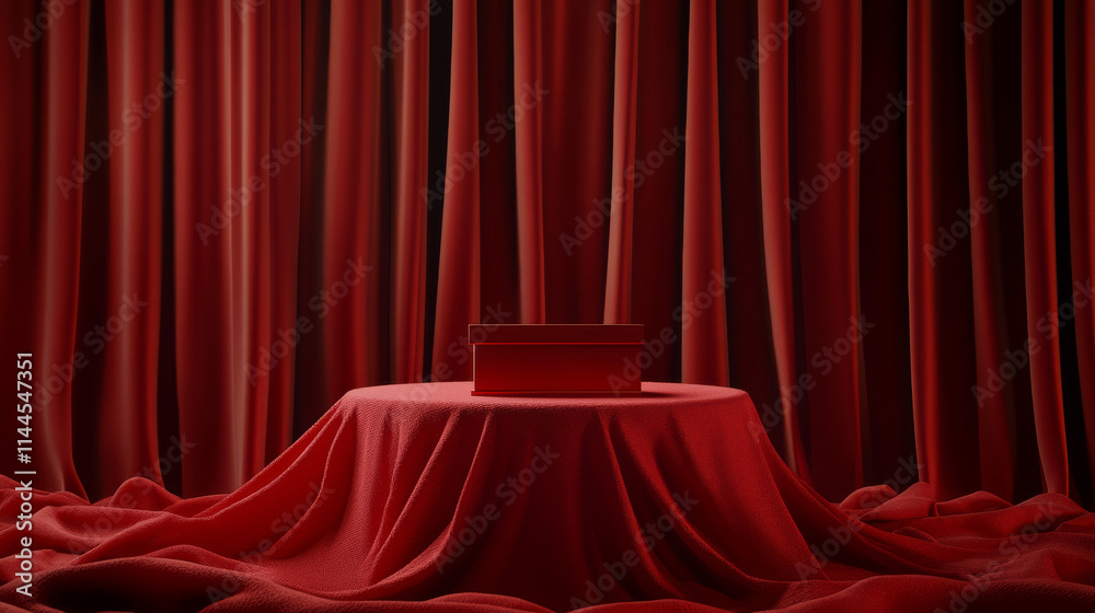 Red reveal cloth podium. Unveil fabric cover box background. 3d secret ...