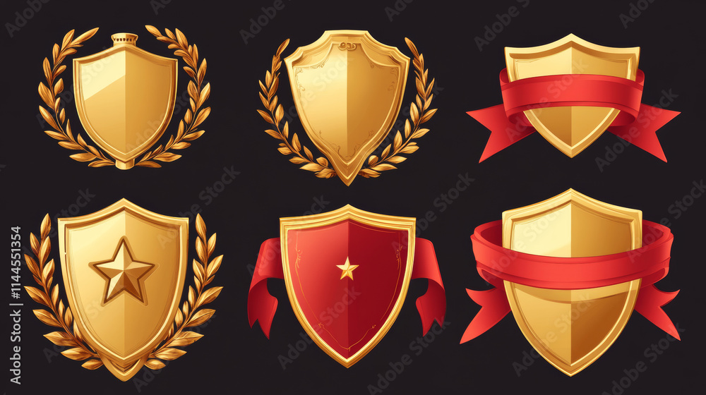 Golden game award shields, badges, level ui icons. Empty gold frames ...