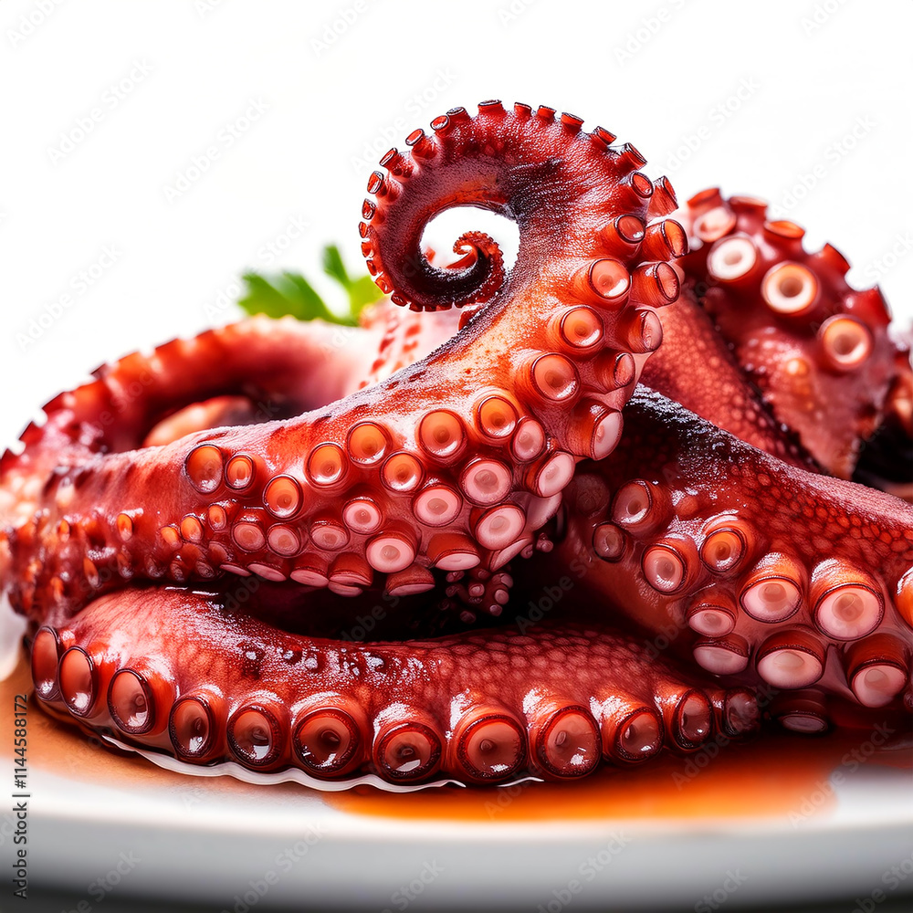Extreme close-up, macro photography of cooked octopus tentacles with ...