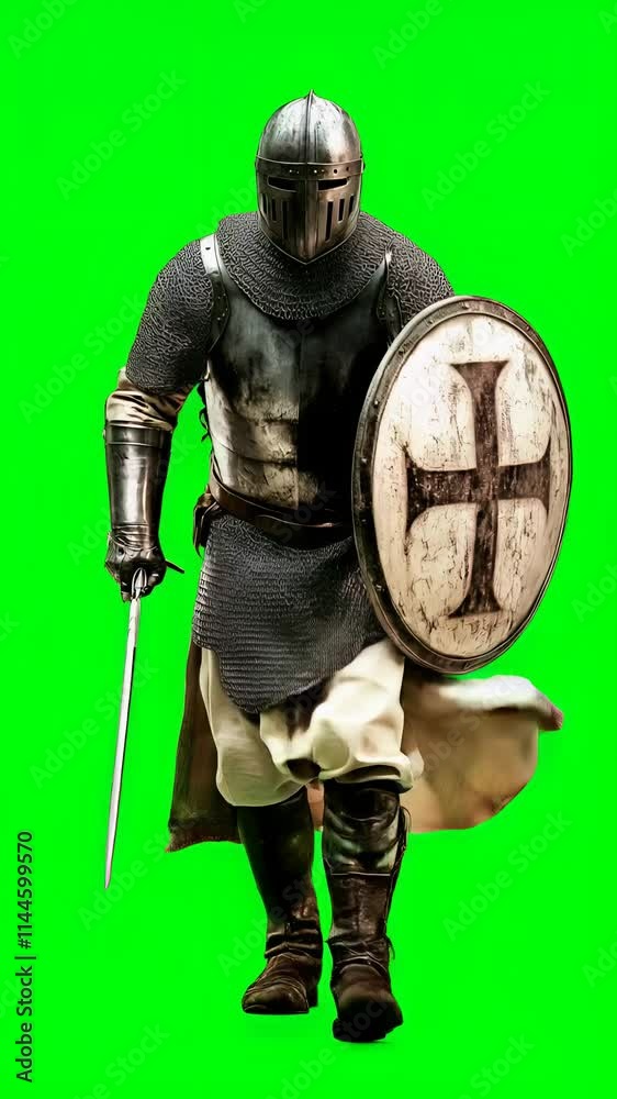 Medieval knight charging forward with shield and sword in a battle ...