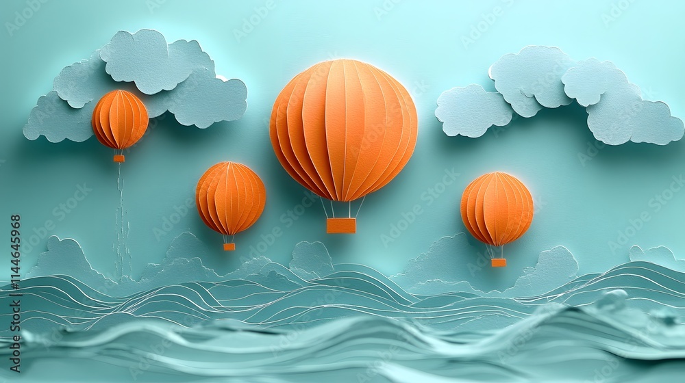 Papercut illustration of weather balloons releasing into the atmosphere ...