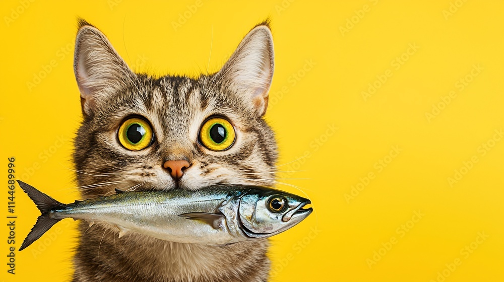 Tabby cat with wide eyes holding a small fish in its mouth against a ...