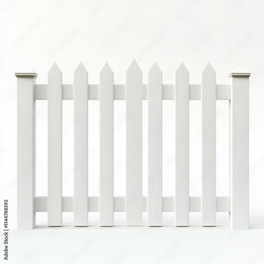 A classic white picket fence with evenly spaced vertical slats and a ...