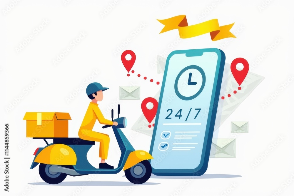 Illustration of a delivery rider on a scooter with a smartphone app ...