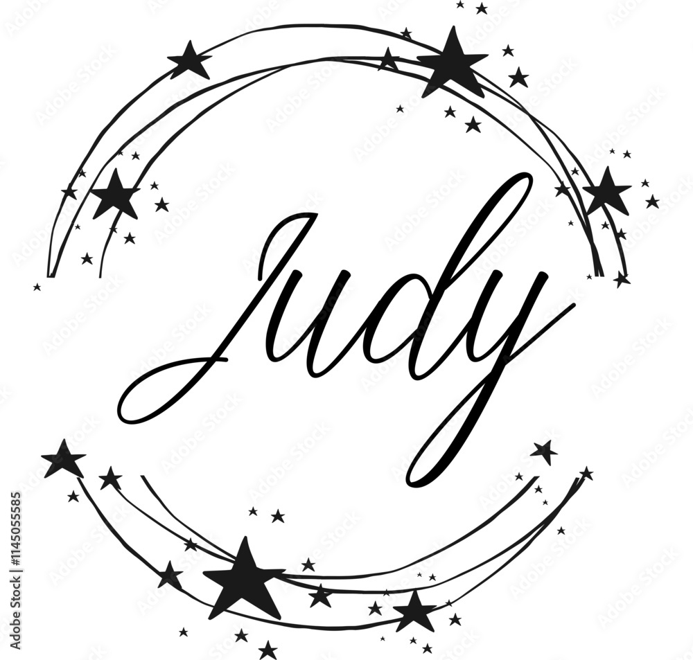 Judy - name written between circles and stars, round logo, vector ...