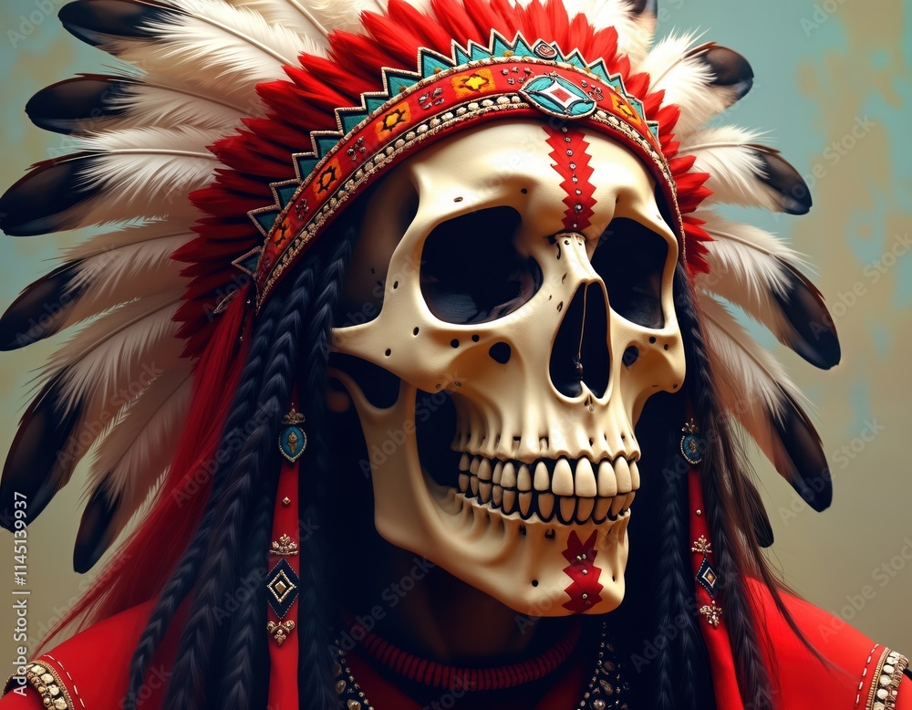 Powerful Native American skull portrait with headdress. Surreal ...