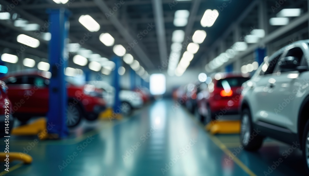 Modern auto repair shop interior with cars undergoing maintenance ...