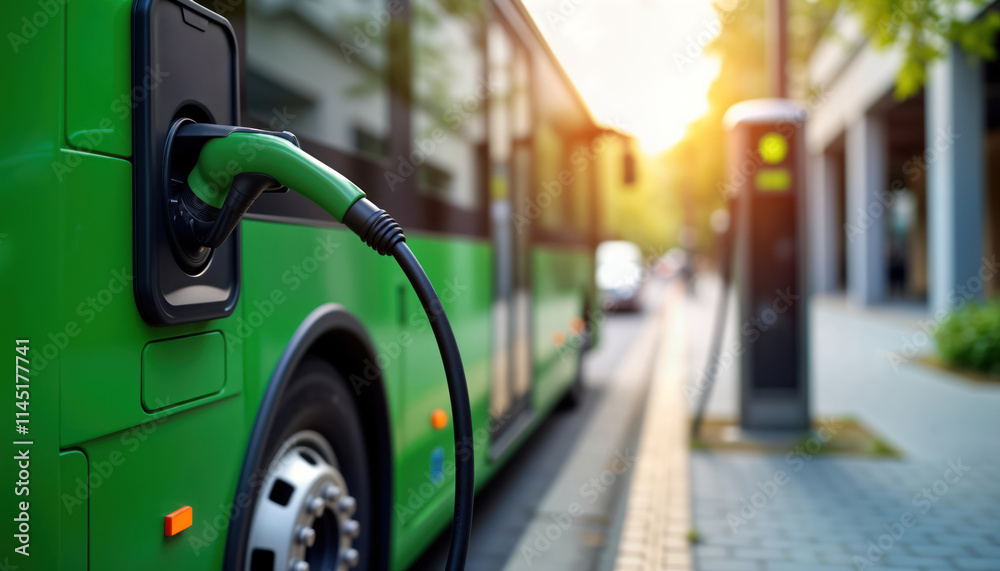 Green eco bus charges at electric charging station. Public transport ...