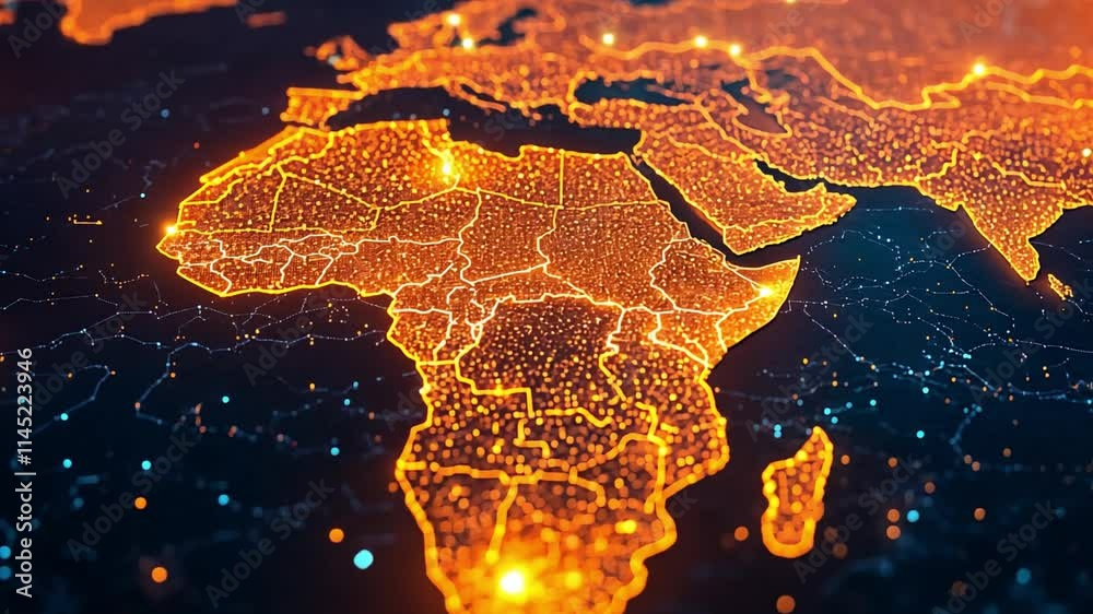 Illuminated map of Africa showcasing city lights and connectivity in 4k ...