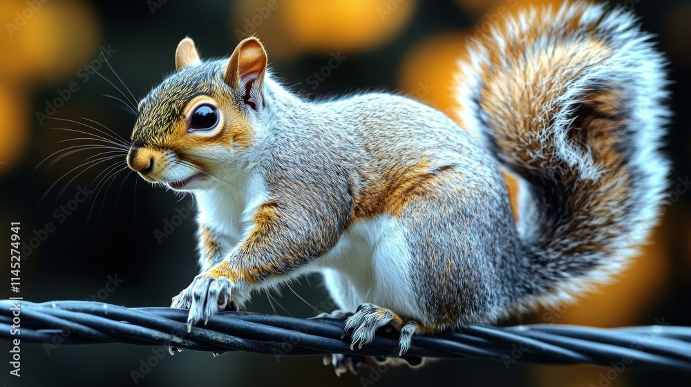 Urban Wildlife at Night A squirrel scampering along a power line in the ...