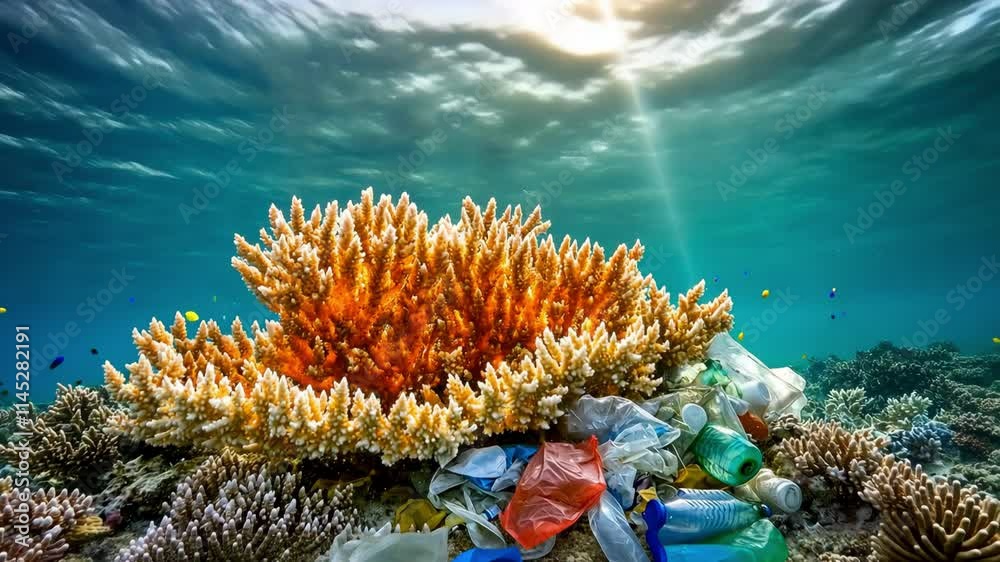 The underwater photo captures a haunting scene of a vibrant coral reef ...
