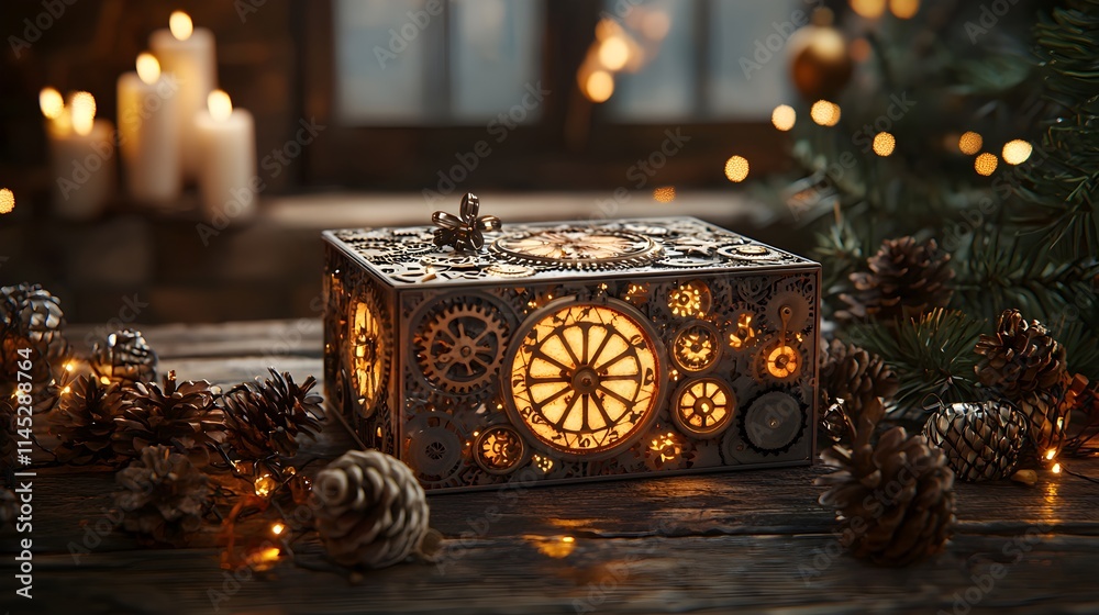 Steampunk Christmas gift box with clockwork gears and warm lights ...