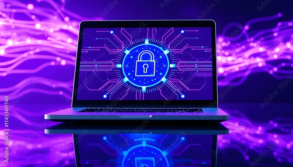 A laptop computer with a padlock symbol on its screen, set against a ...