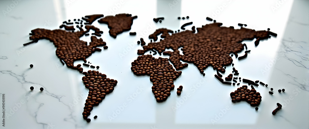 World map crafted from roasted coffee beans; a captivating display of ...