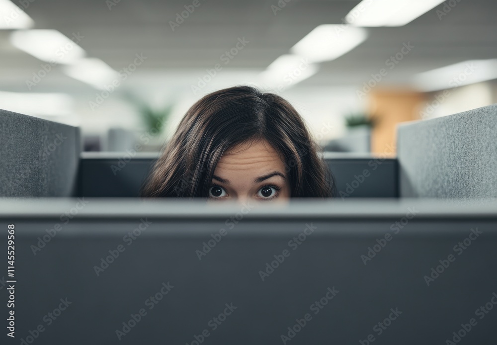 Woman Peeking Over Office Cubicle Partition in Modern Workspace ...