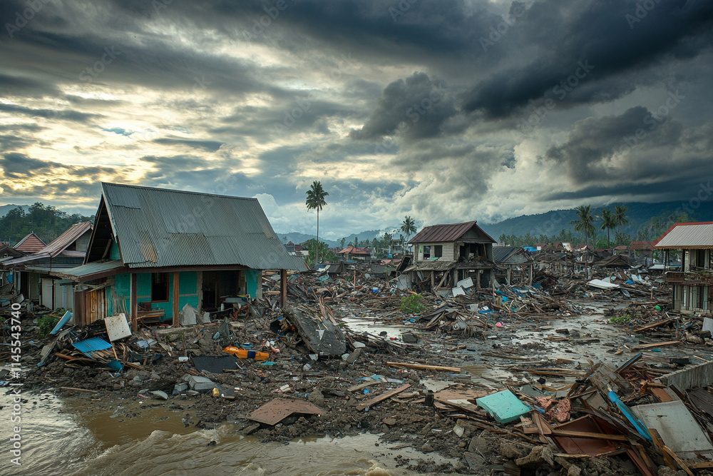 ภาพประกอบสต็อก Damage from tsunamis, catastrophic events The sky was ...