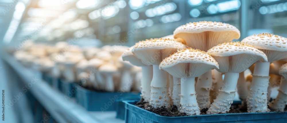 Organic mushrooms growing on modern mushroom farm with smart technologies. high-tech greenhouse ...