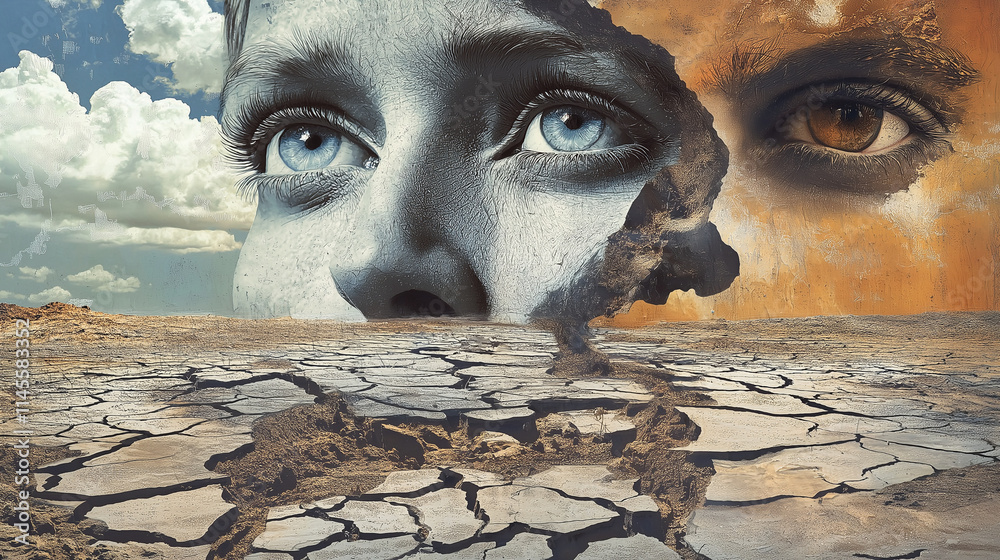 Water Wars. Dried-up lakes and cracked earth collaged with human and ...