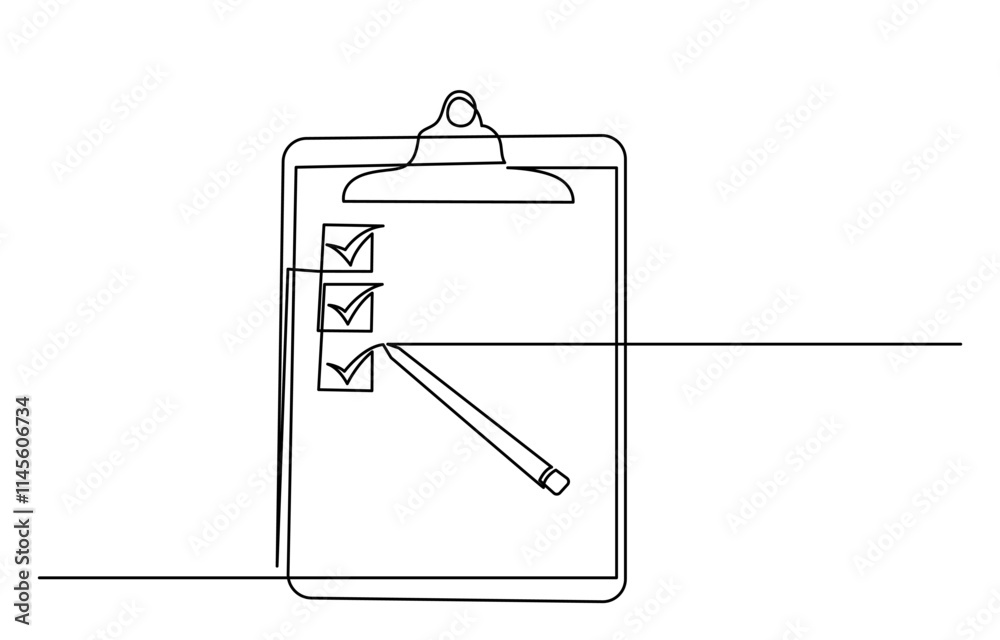 Continuous line drawing of Clipboard with checklist and pen.To do list ...