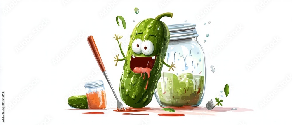 Funny pickle character celebrating in a kitchen cartoon art bright ...