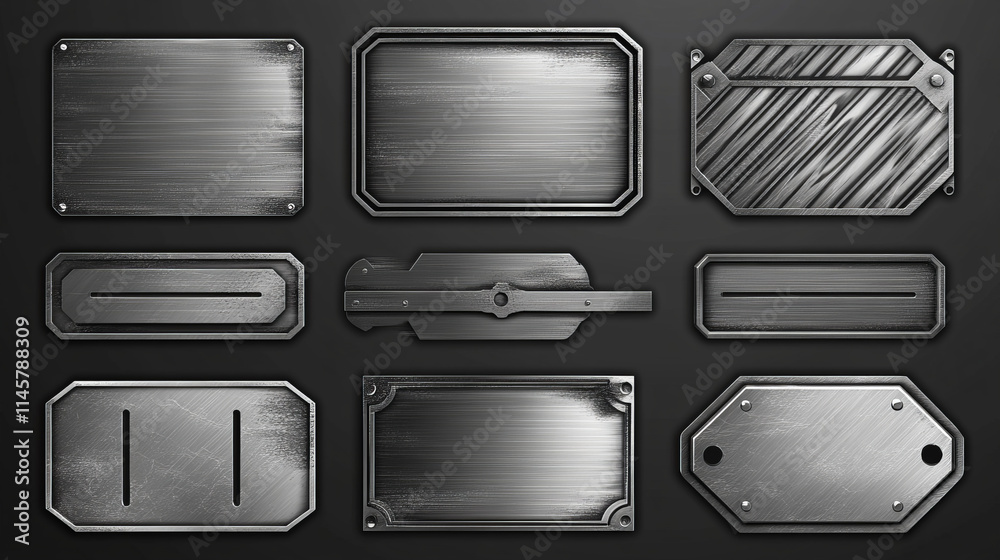 Black metal labels set isolated on background. Vector realistic ...