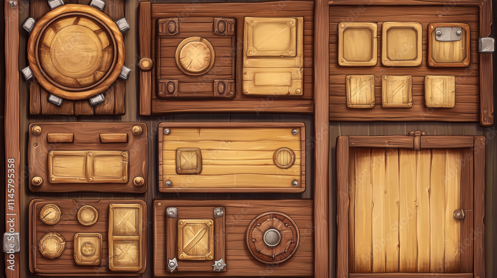 Wooden game ui design elements - buttons and boards for menu interface ...