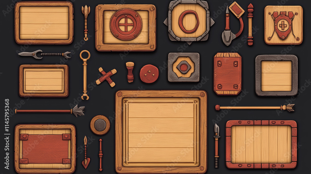 Wooden game ui design elements - buttons and boards for menu interface ...