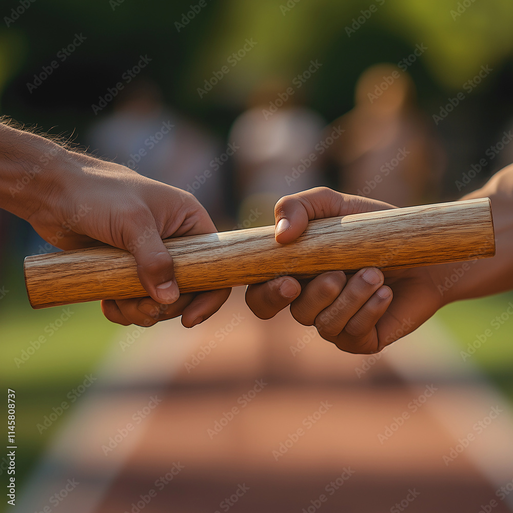 Close-up of hands passing the baton in a race, with a track and field ...
