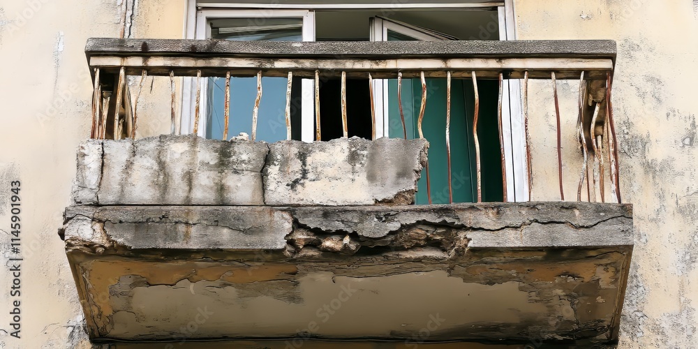 Old damaged balcony featuring cracks in the concrete. This emergency ...
