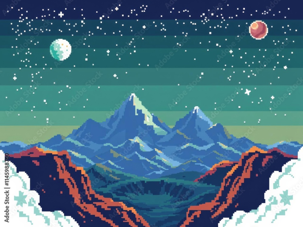 Pixel art background of a space planet crater landscape with mountains ...