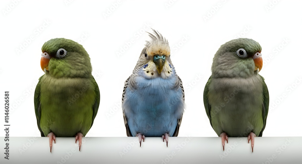 A hyper-realistic, 4K image of three colorful birds perched in a row ...