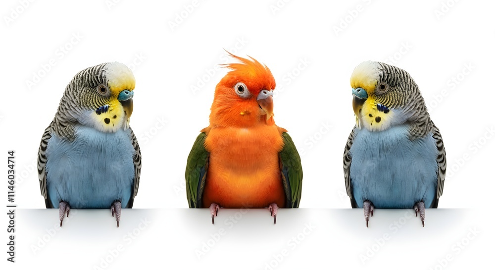 A hyper-realistic, 4K image of three colorful birds perched in a row ...