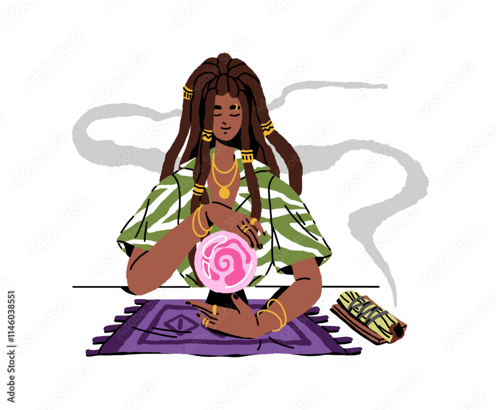 Fortune Teller Does Divination With Magic Crystal Ball Fortuneteller