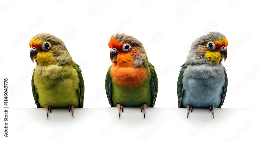 A hyper-realistic, 4K image of three colorful birds perched in a row ...
