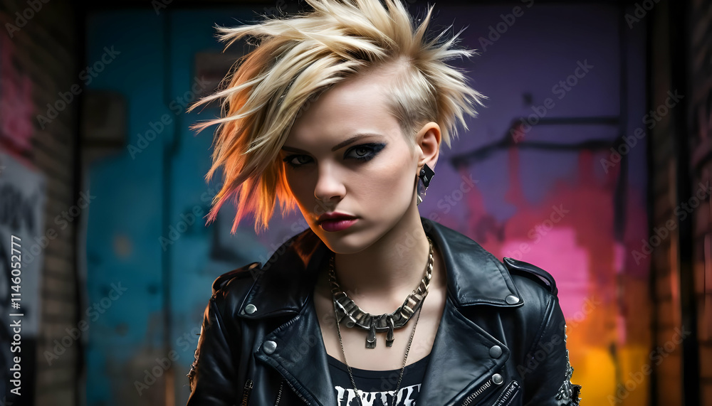 Rebellious Punk Rocker Girl with Spiky Blonde Hair and Leather Jacket ...