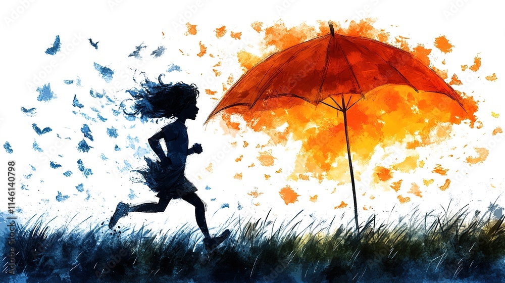 Tech Illustration of Boy Running with Dog - Simple Minimalist Vibe with ...