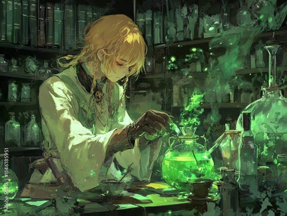 Anime character crafting potions in a magical laboratory fantasy ...