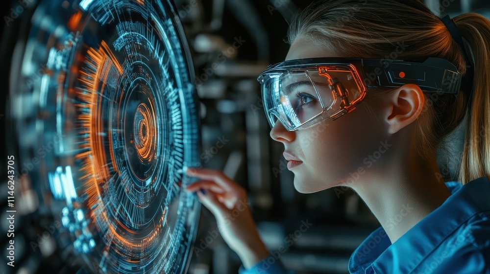 Engine hologram inspection woman analyse holographic image in digital ...