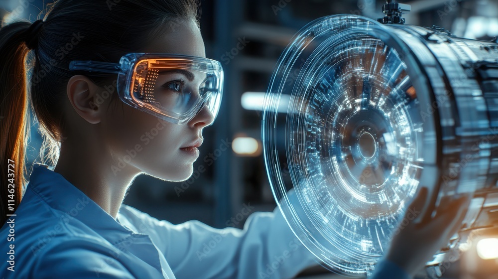 Engine hologram inspection woman analyse holographic image in digital ...